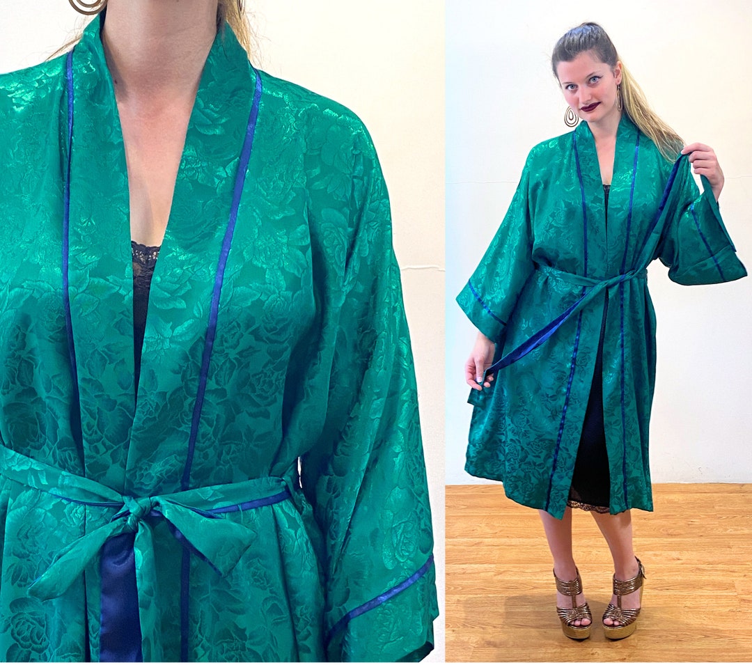 80s Victoria's Secret Robe M L, Vintage Emerald Green Floral Jacquard ...