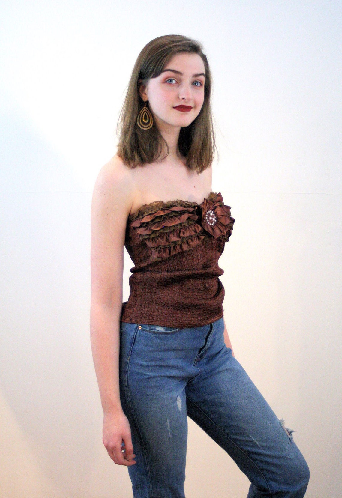 80s Fancy Stretchy Tube Top S Strapless Ruffled Bronze | Etsy