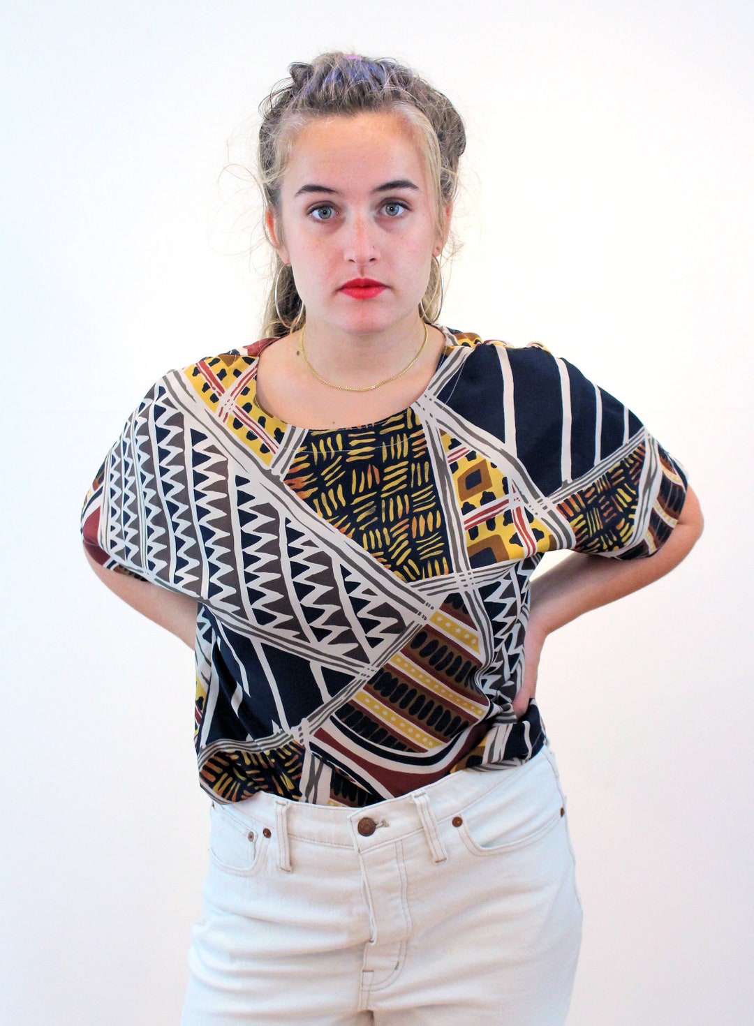 90er Tribal Print Top M, Vintage Bold Braun Schwarz Gelb ""Nicola ...