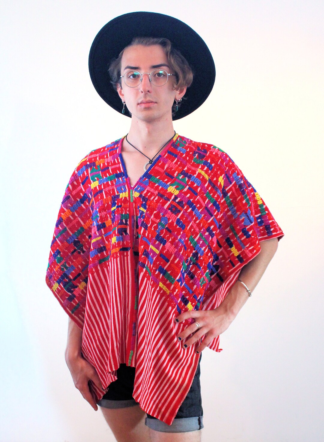 60s Colorful Mayan Poncho, Vintage Red Embroidered Woven Serape Mexican ...