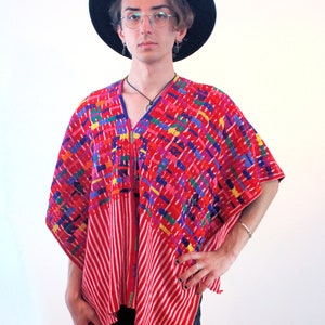 60s Colorful Mayan Poncho, Vintage Red Embroidered Woven Serape Mexican ...