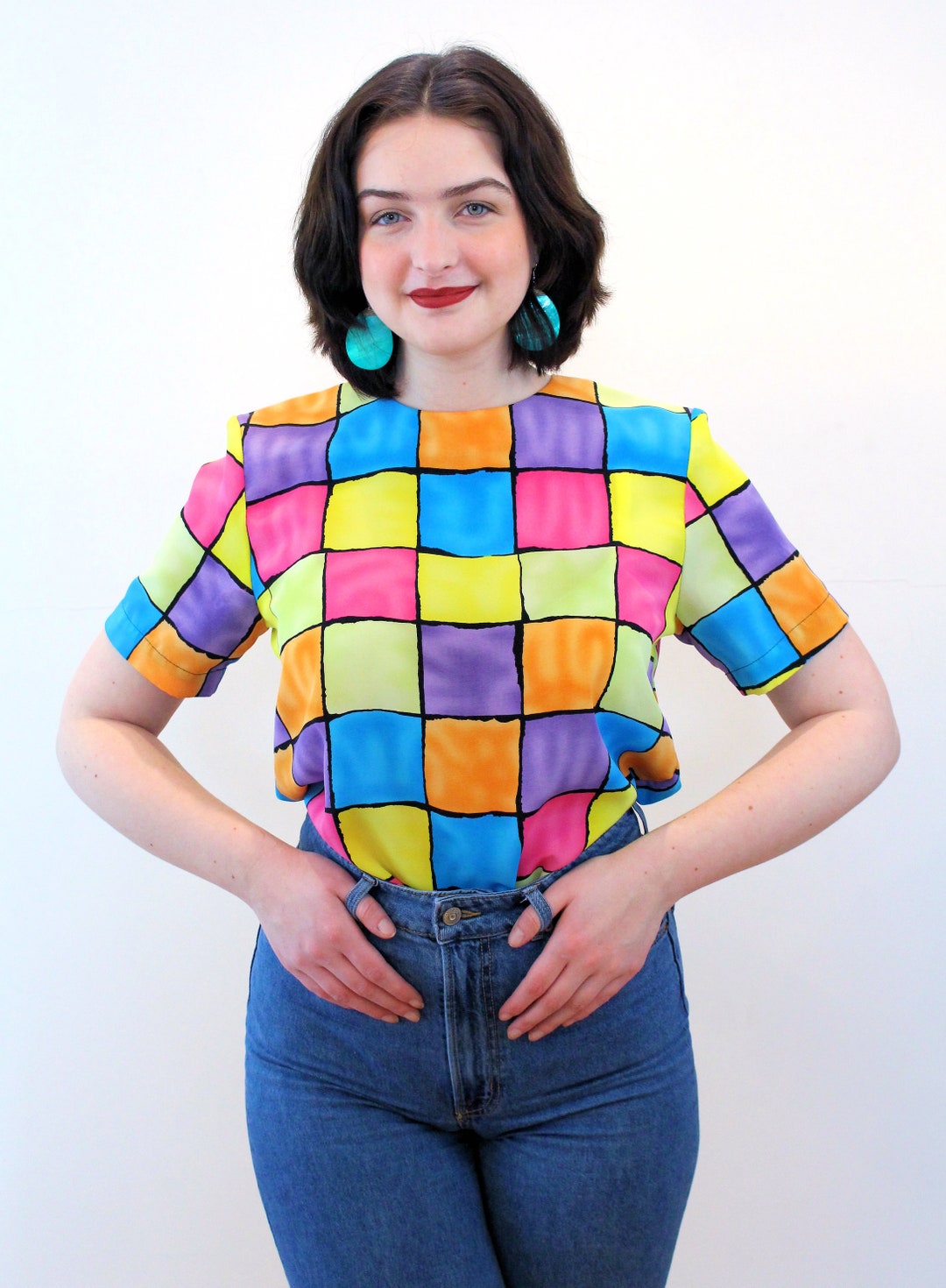 90s Checkerboard Top S, Vintage Colorful Yellow Pink Blue Rainbow ...