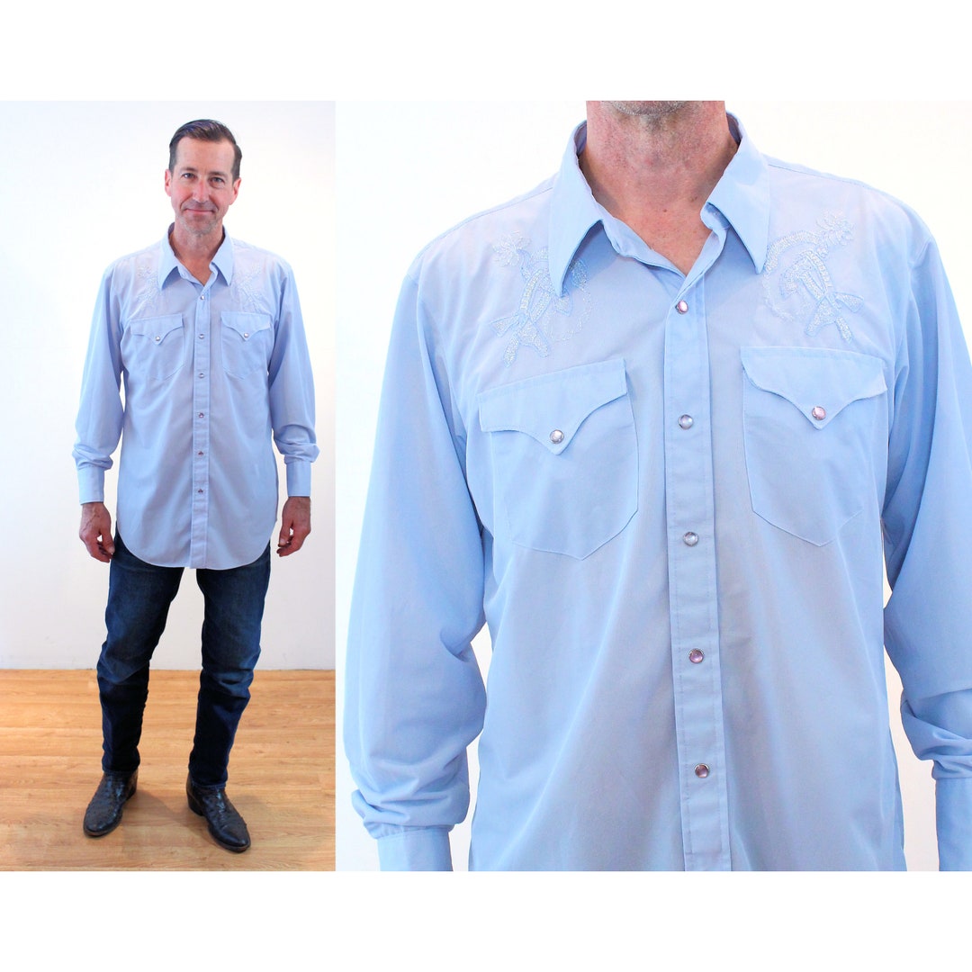 70s H Bar C Western Shirt L Vintage Blue Silver Metallic - Etsy