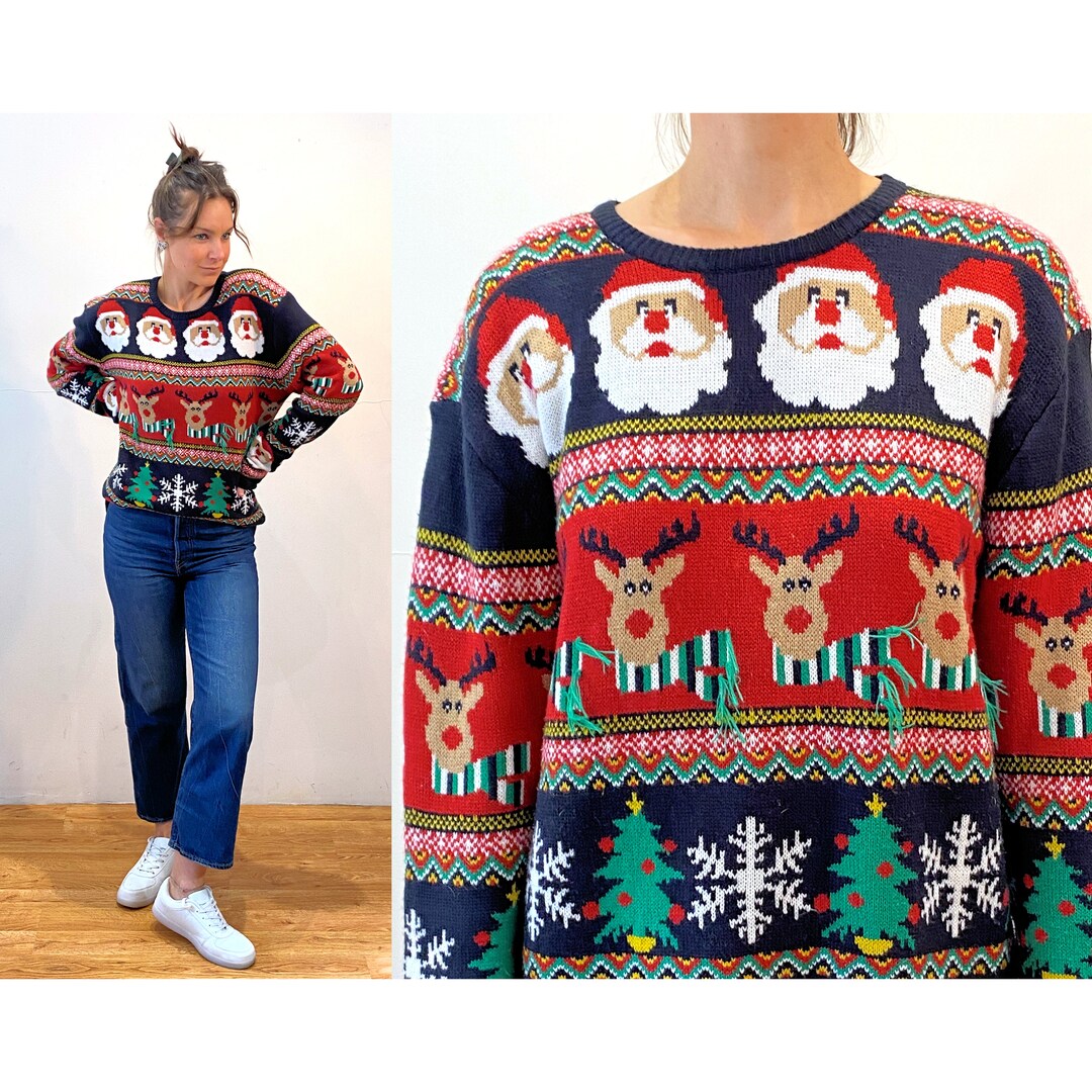 Y2K Santa Xmas Sweater L XL Tall, Vintage Blue Red Reindeer Ugly ...
