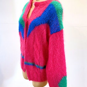 80s Mohair Colorblock Cardigan M, Vintage Hot Pink Green Blue Abstract ...