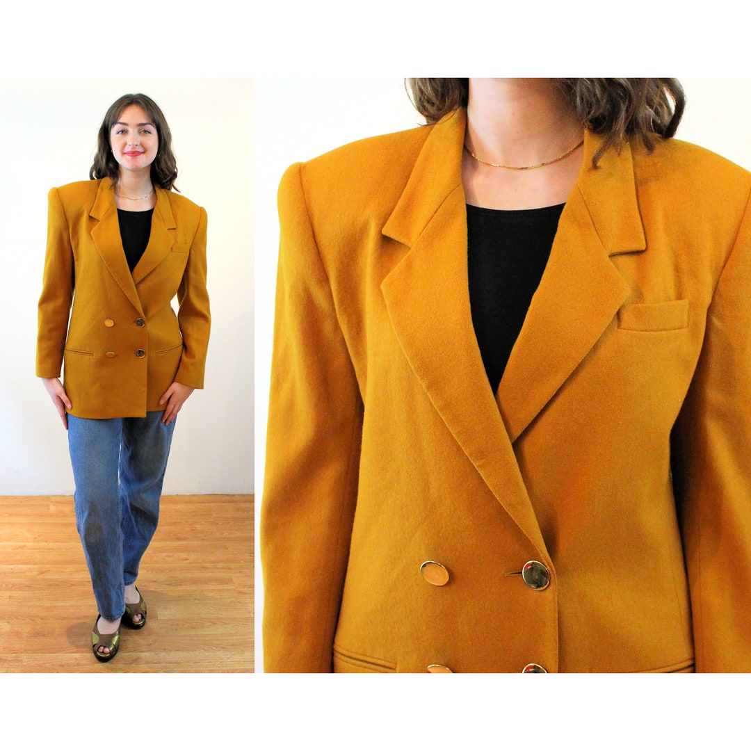 80s Mustard Yellow Wool Blazer M, Vintage Double Breasted Bold Shoulder ...