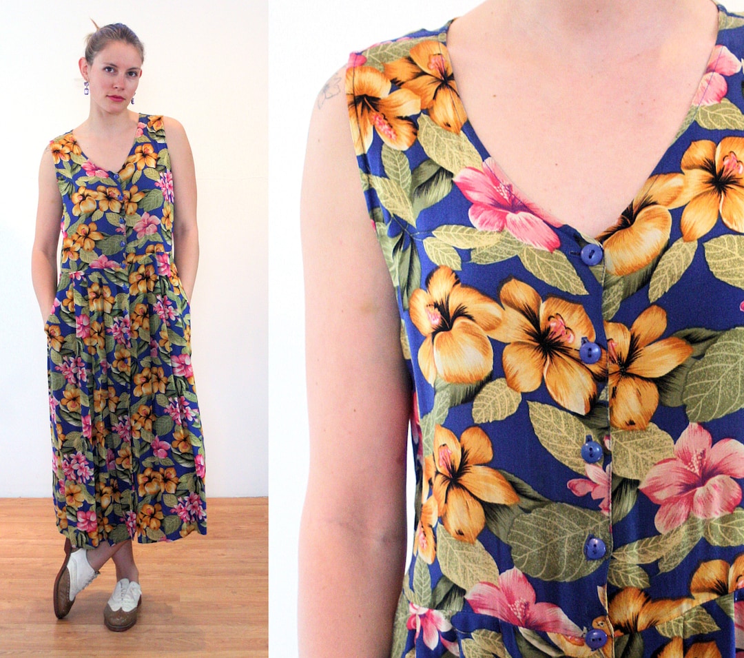 80s Hawaiian Sundress M, Vintage Blue Pink Tropical Floral Rayon ...