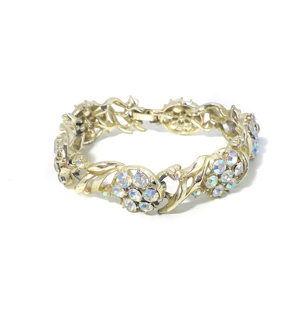 60s Rhinestone Link Bracelet, Vintage Aurora Borealis Flower Motif Gold ...