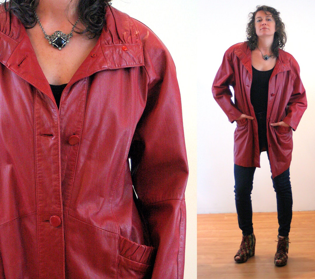 80s Red Leather Jacket M, Vintage Wine Cranberry pelle Korea Retro ...