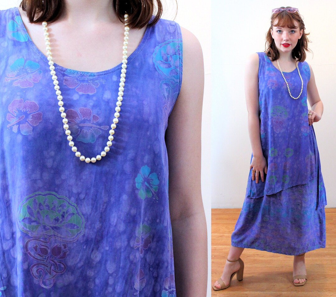 90s Indonesian Sundress S, Vintage Periwinkle Purple Batik Flowy Tiered ...