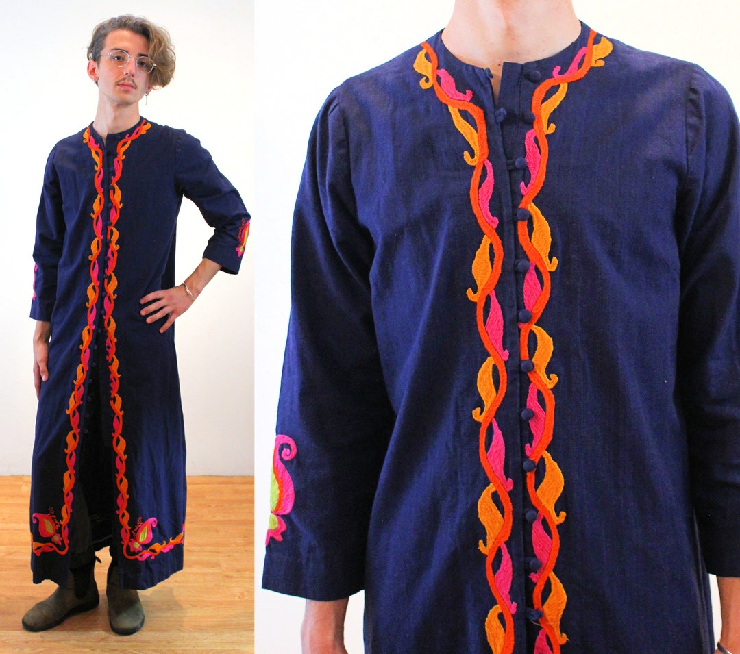 70s josefa of Mexico Caftan S M, Vintage Navy Blue Orange Josefa Ibarra ...