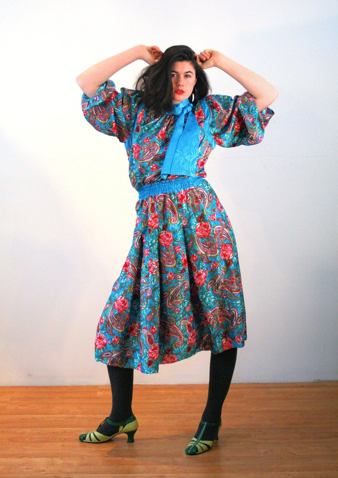 80s Diane Freis Dress M L, Vintage Blue Pink Colorful Floral Paisley ...