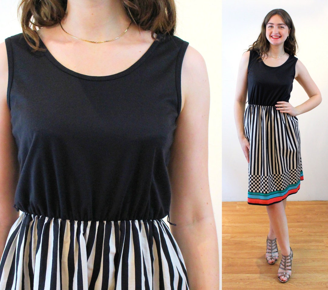 80s toni Todd Novelty Dress M, Vintage Black White Striped Funky ...