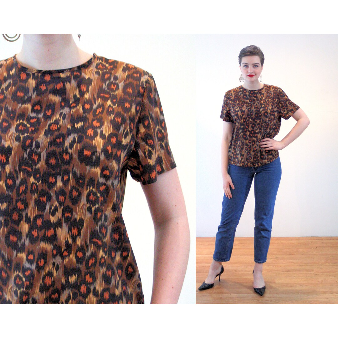 80s Leopard Print Satin Top M Vintage Glam Brown Orange - Etsy