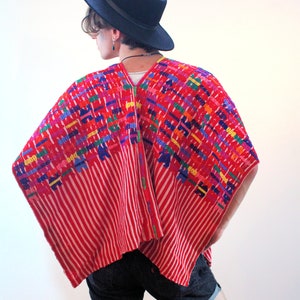 60s Colorful Mayan Poncho, Vintage Red Embroidered Woven Serape Mexican ...