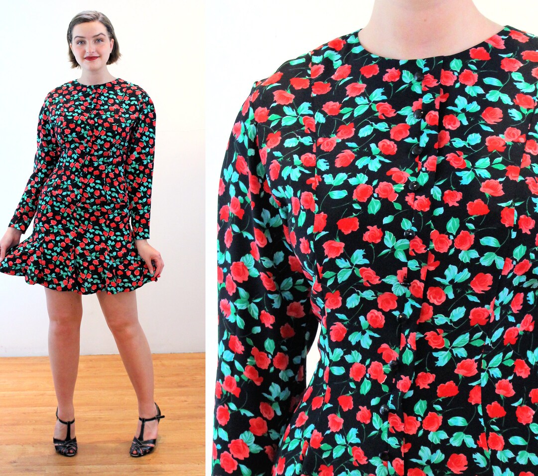 90s Roses Print Mini Dress S M, Vintage Black Red Floral Crepe Flirty ...