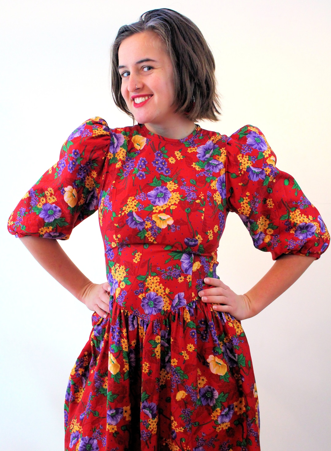 80s Floral Prairie Dress M, Vintage Red Purple Colorful Puff Sleeve ...