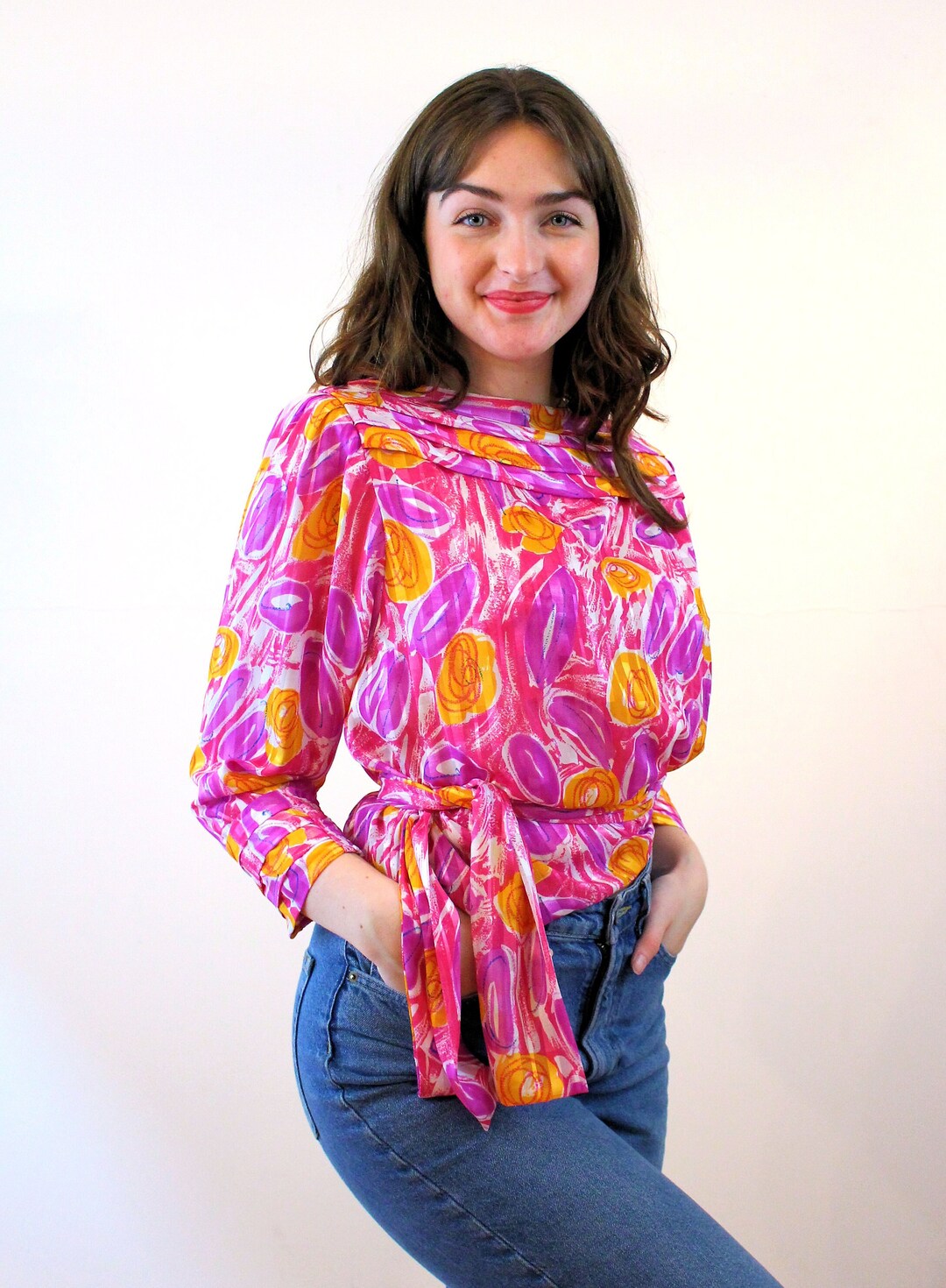 80s "kanga Collection" Blouse M L, Vintage Pink Yellow Colorful ...