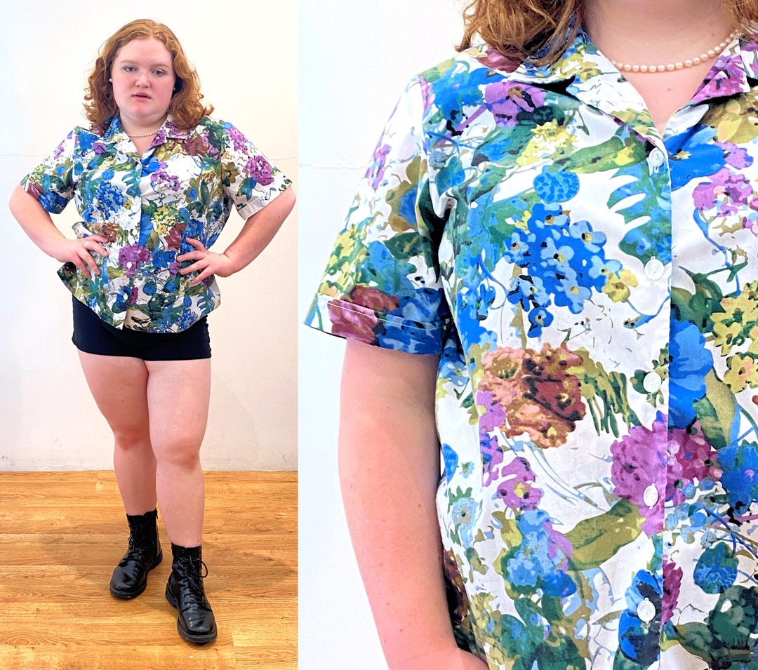 80s Floral Blouse XL, Vintage White Blue Hydrangea Print Short Sleeve ...