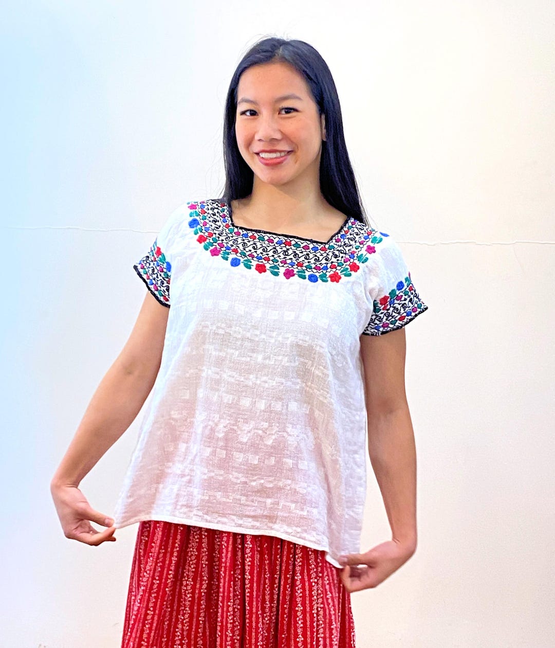 80s Guatemalan Blouse M, Vintage Hand Embroidered Floral White Muslin ...