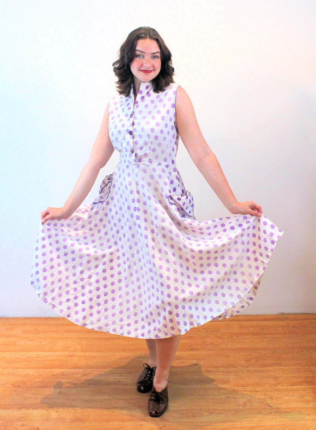 1940s Faded Polka Dot Dress M, Vintage Shabby Purple White Cotton Fit ...