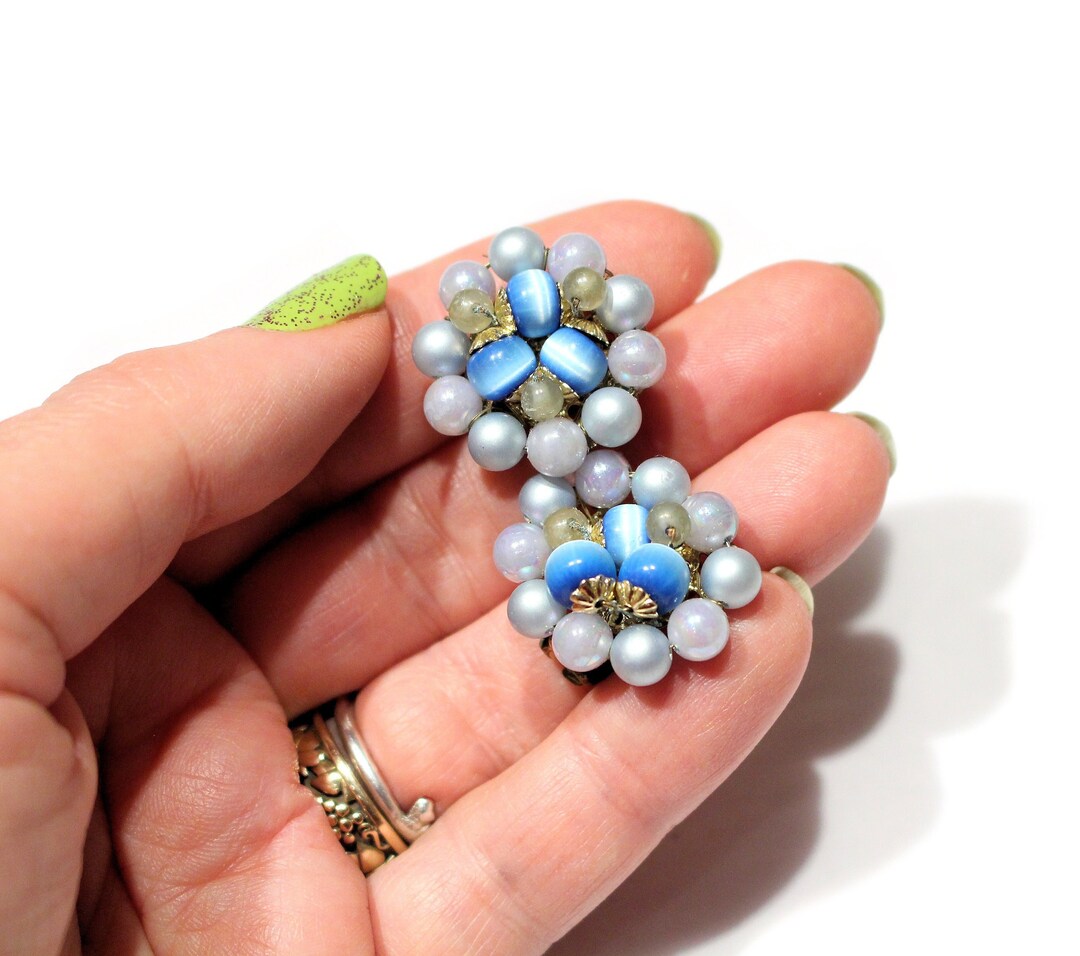 50s Pearl Bead Earrings, Vintage Blue Gray Cluster Beads Signed Japan ...