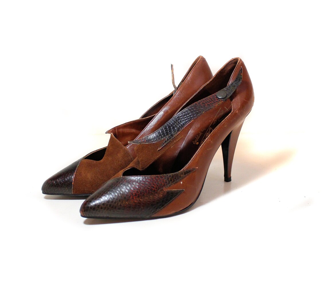 80s Winged Snakeskin Pumps 8 or 8-1/2 Vintage Brown Leather - Etsy