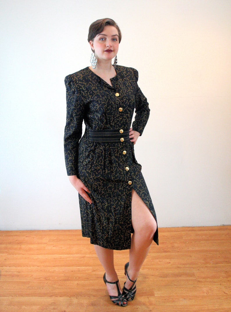 80s Black & Metallic Gold Dress M Vintage Abstract Print - Etsy