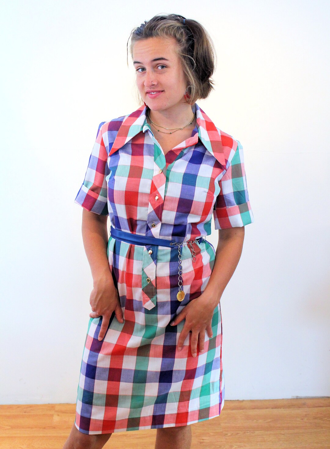 70s Bold Checkered Dress M, Vintage Mod Colorful Buffalo Plaid ...