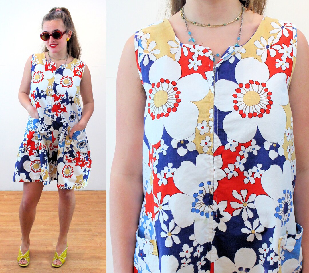 60s Mod Flower Power Dress M, Vintage Red White Blue Print Sleeveless ...