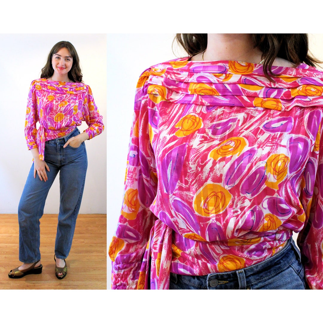 80s kanga Collection Blouse M L, Vintage Pink Yellow Colorful ...