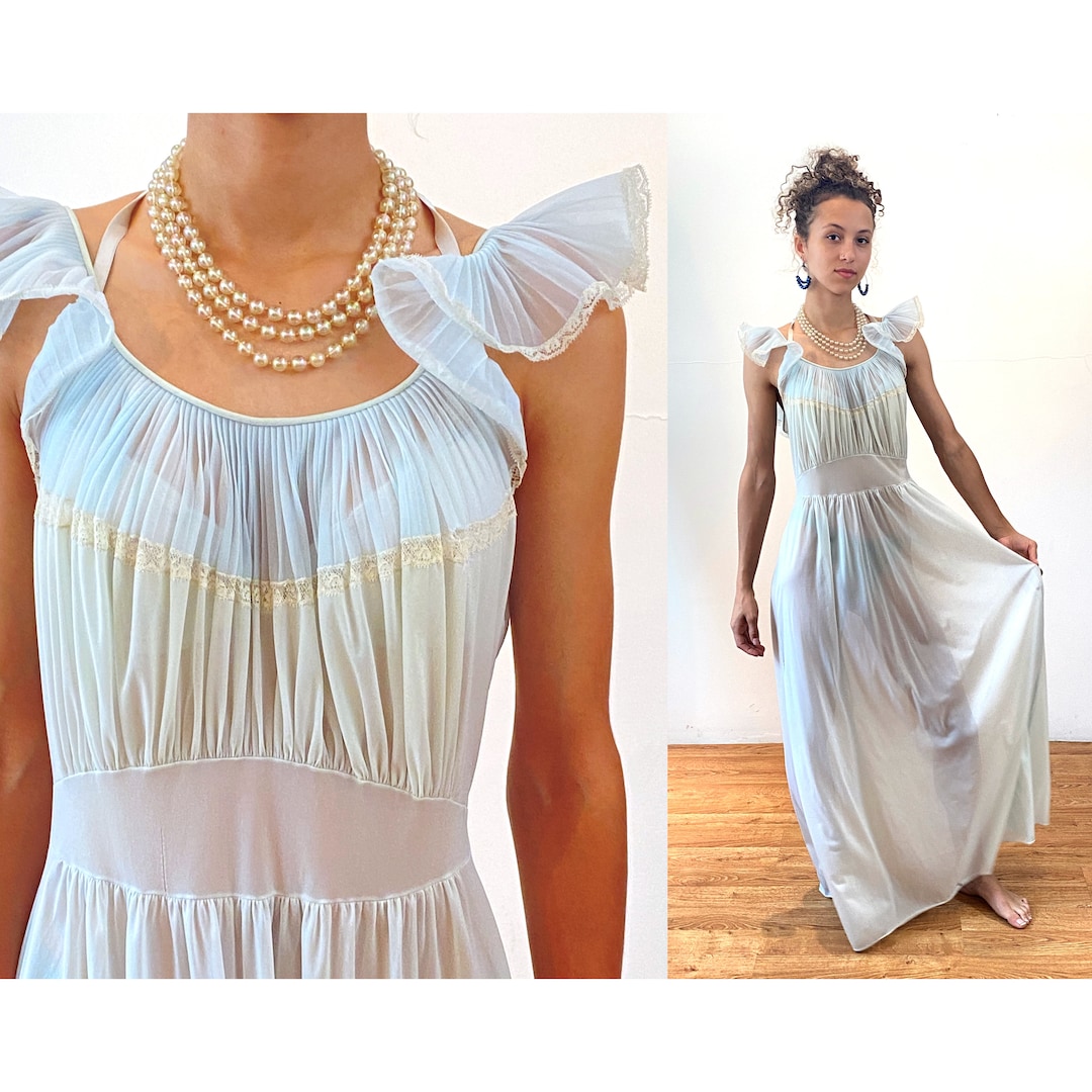40s Vanity Fair Sheer Nightgown 34 S, Vintage Blue Pastel Lace Trim Ruffled Glam 1940s See ...