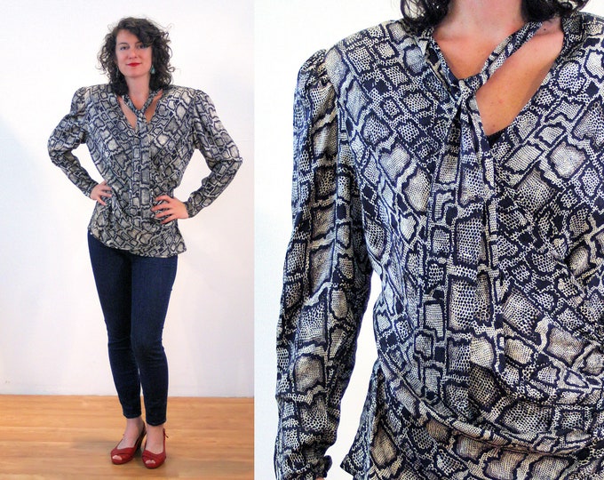 80s Python Print Blouse XL, Silk Vintage Black White Animal Snake ...