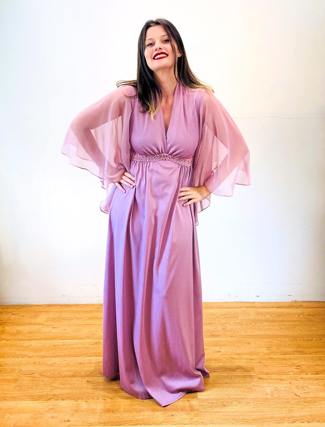 70s Angel Wing Sleeve Dress S, Vintage Sheer Fluttery Batwing Empire ...