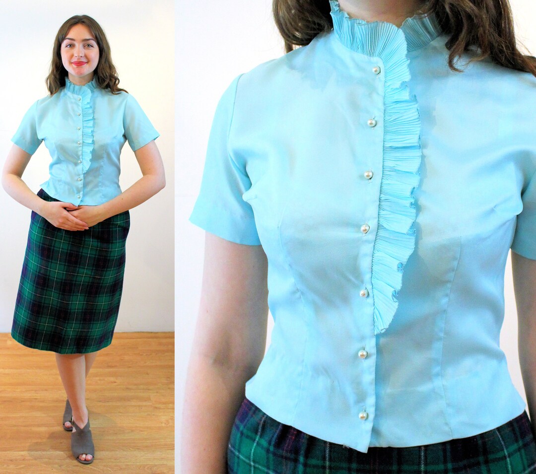 50s Pleated Ruffle Blouse S M, Vintage Light Blue Retro pilot Blouse ...