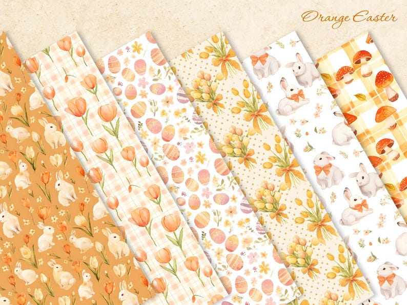 Orange Easter Digital Paper: Watercolor Bunny, Tulip Patterns (digital ...