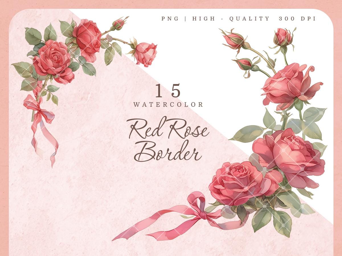 Watercolor Red Rose Border Clipart: Coquette Bow Floral PNG (digital ...