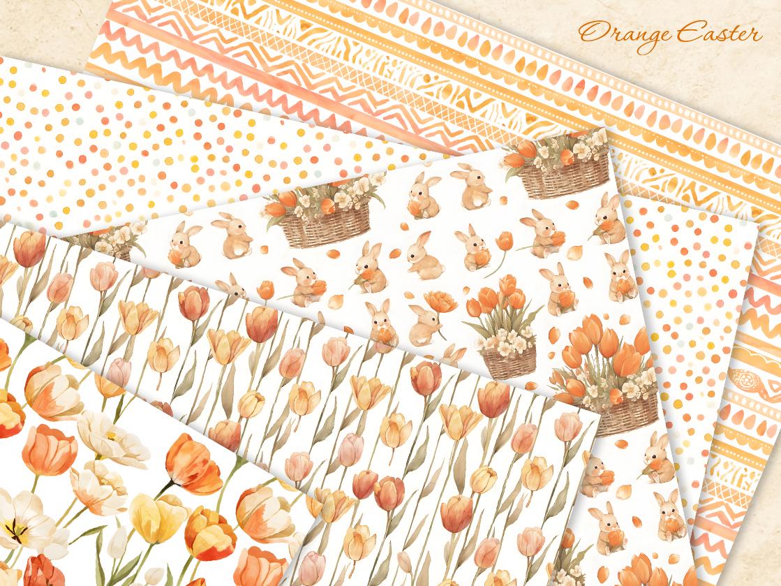 Orange Easter Digital Paper: Watercolor Bunny, Tulip Patterns (digital ...