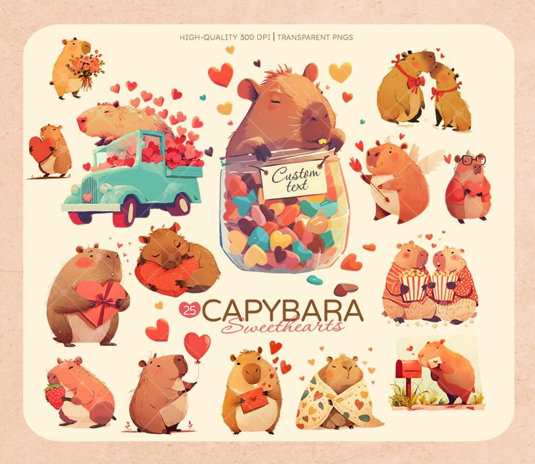 Old-fashioned Capybara in Love Clipart Bundle, Vintage Valentine’s Day ...