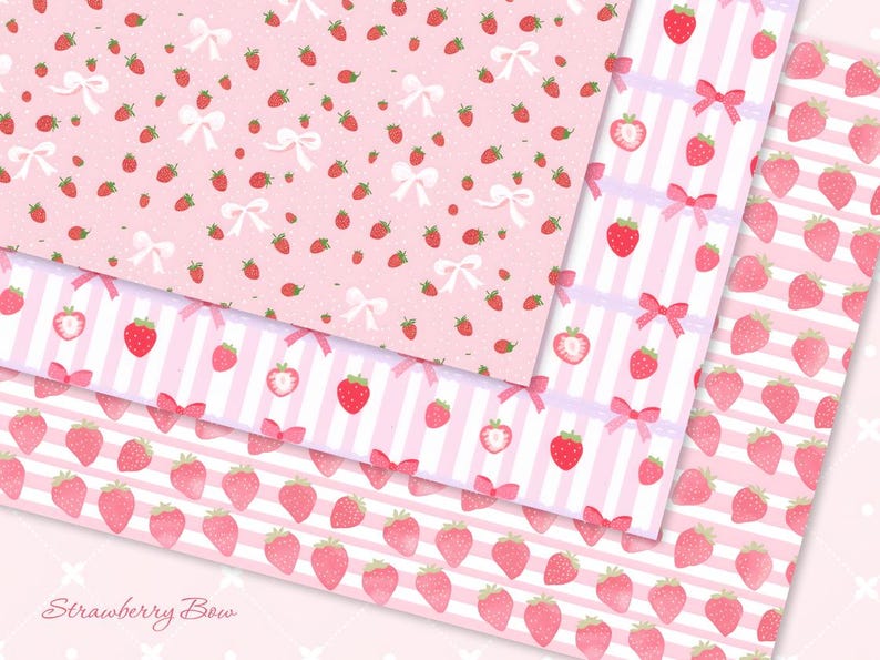 Strawberry Coquette Seamless Digital Paper, Pink Gingham Bow Pattern ...