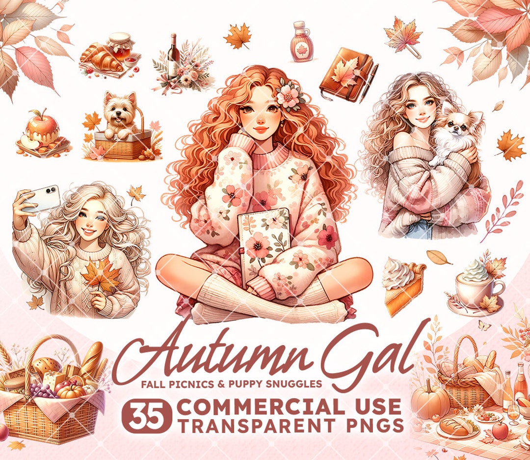 Autumn Girl Watercolor Clipart Bundle: Cozy Fall PNG (commercial Use ...