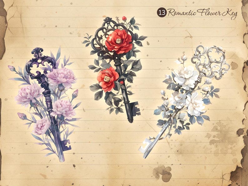 Romantic Flower Key Clipart Bundle, Vintage Aesthetic, Victorian Key ...