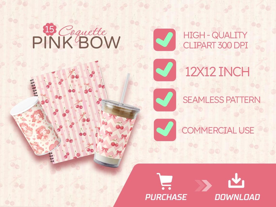 Pink Cherry Bow Seamless Pattern Bundle: Coquette Digital Papers ...
