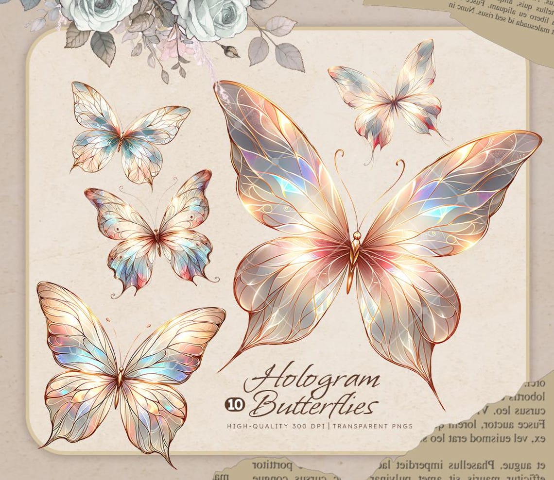 Hologram Butterfly Clipart Bundle: Elegant PNG Graphics (digital ...