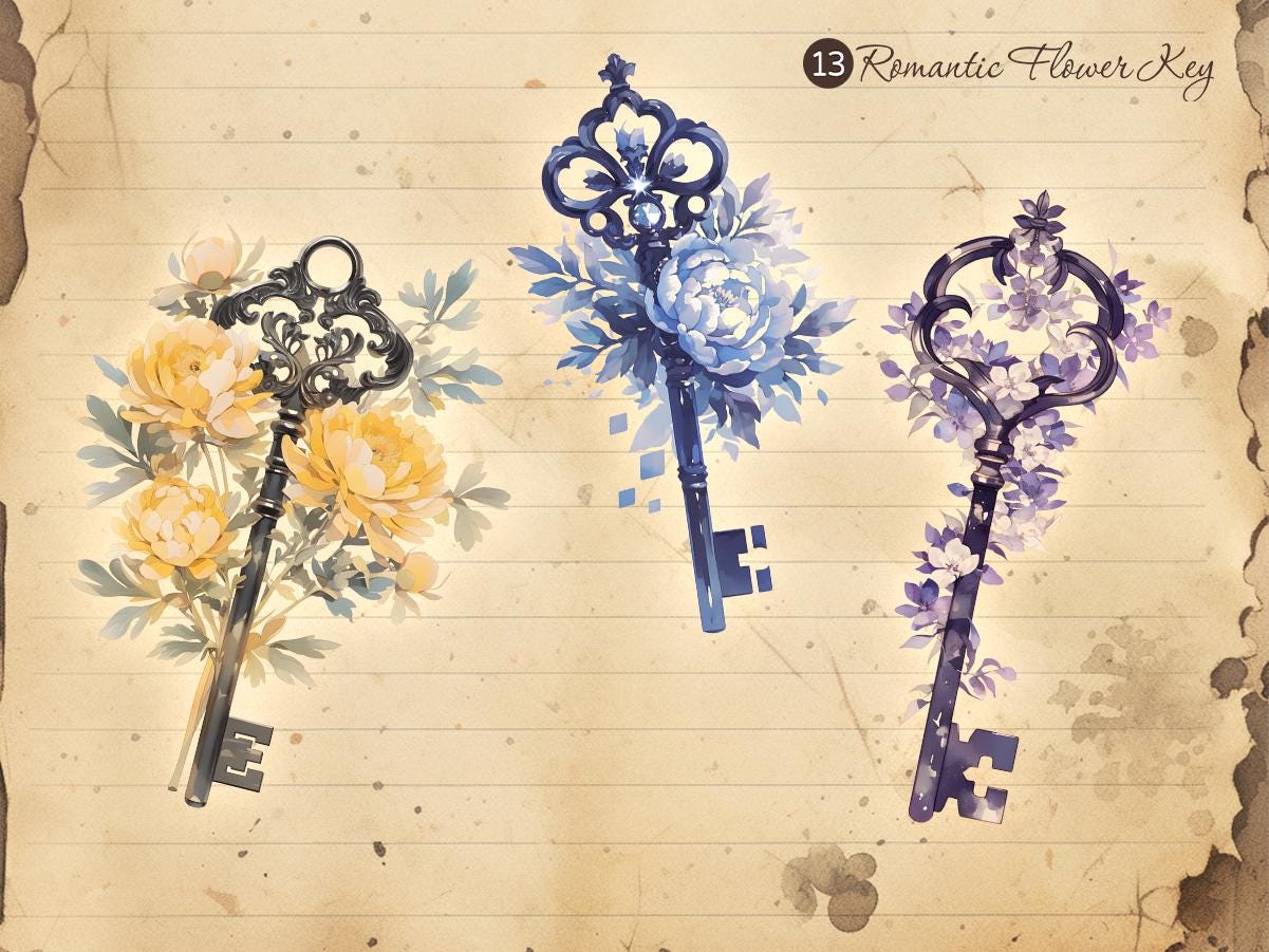 Romantic Flower Key Clipart Bundle, Vintage Aesthetic, Victorian Key ...