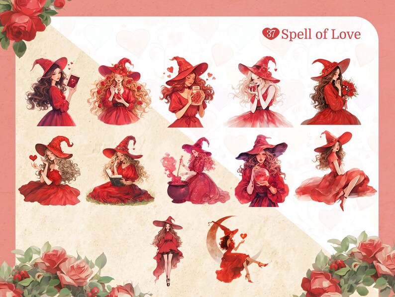 Love Spell Clipart Bundle: Red Witch Valentine's Theme (37 PNG Files ...