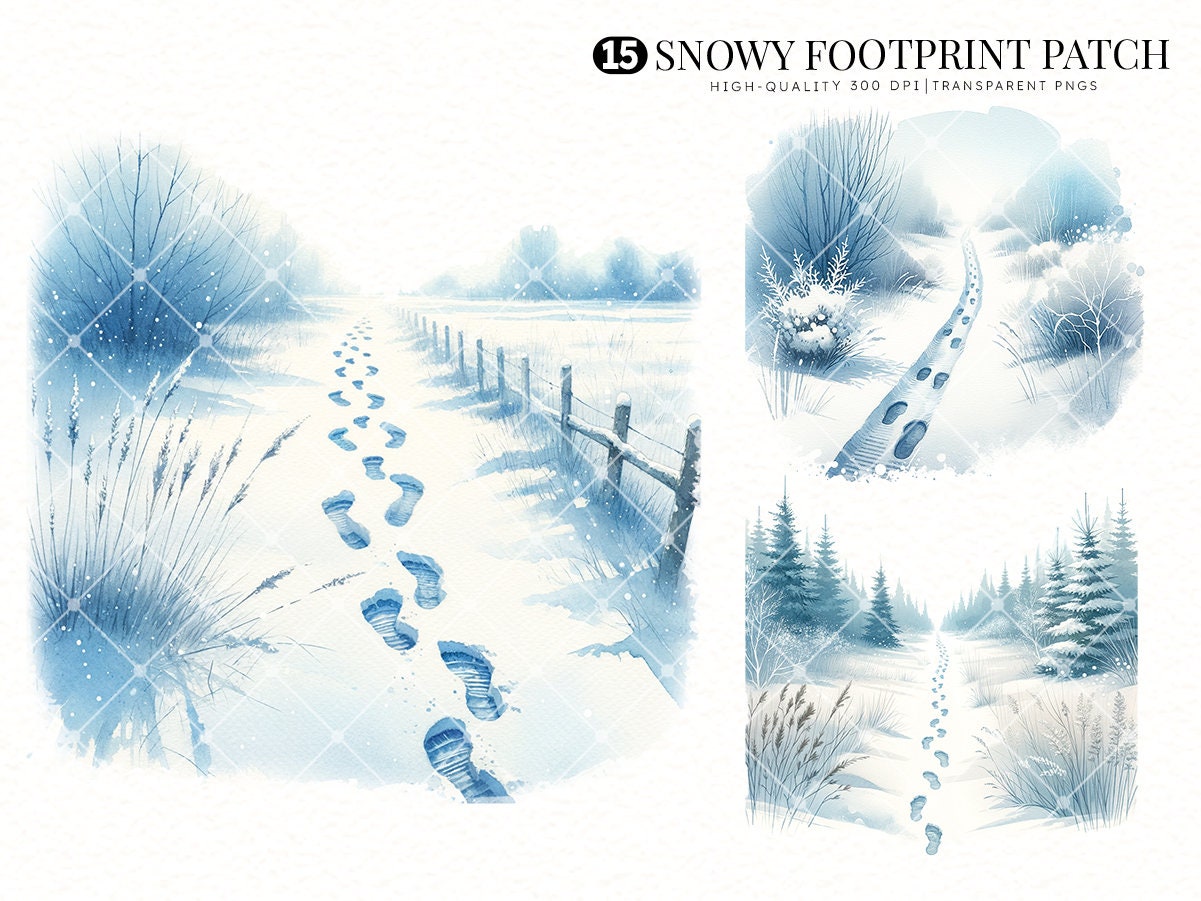 Watercolor Snow Footprints Clipart Bundle: Winter Landscape Graphics ...