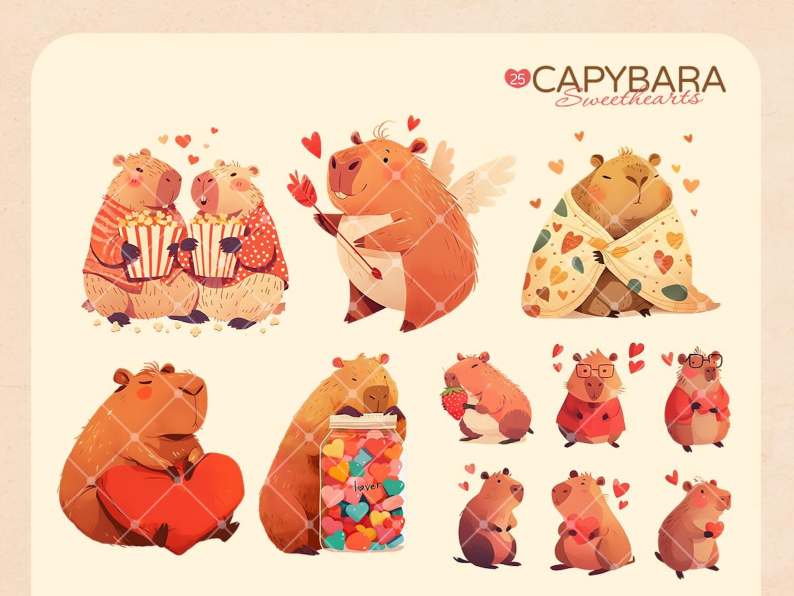 Old-fashioned Capybara in Love Clipart Bundle, Vintage Valentine’s Day ...