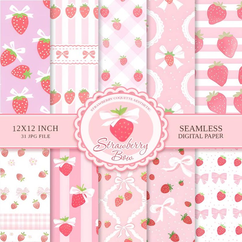 Strawberry Coquette Seamless Digital Paper, Pink Gingham Bow Pattern ...
