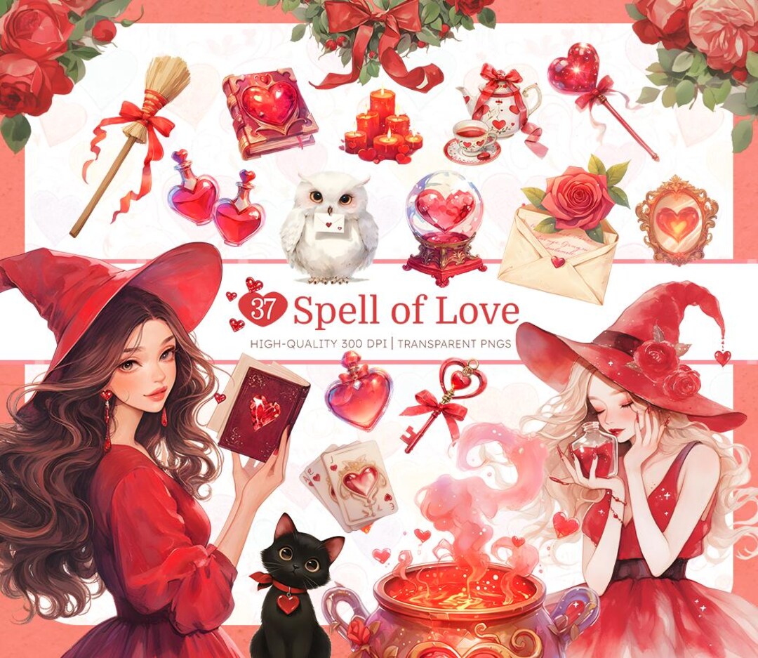 Love Spell Clipart Bundle: Red Witch Valentine's Theme (37 PNG Files ...